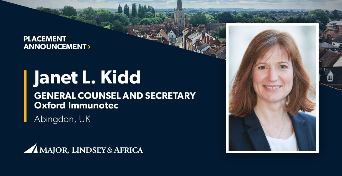 MLA Places Janet L. Kidd as General Counsel & Secretary at Oxford Immunotec